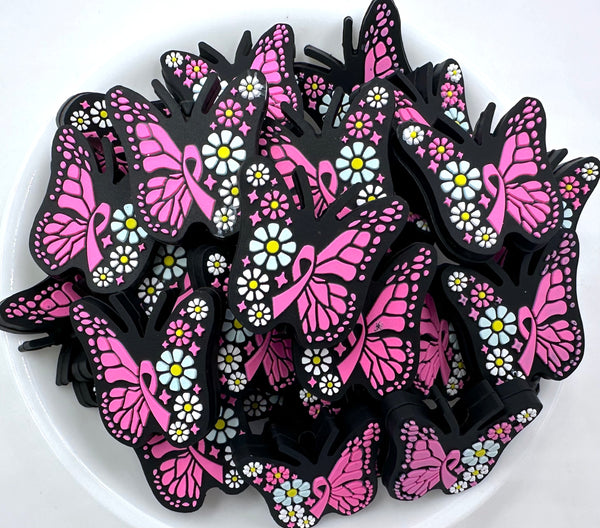 Pink Butterfly & Daisies Breast Cancer Awareness Silicone Focal Beads ...