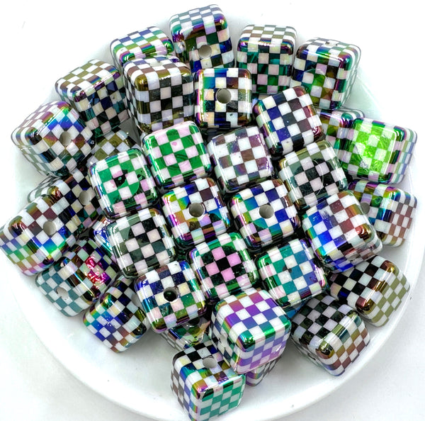 20mm Square Black & White Checkered AB Irridecent Chunky Beads – USA ...