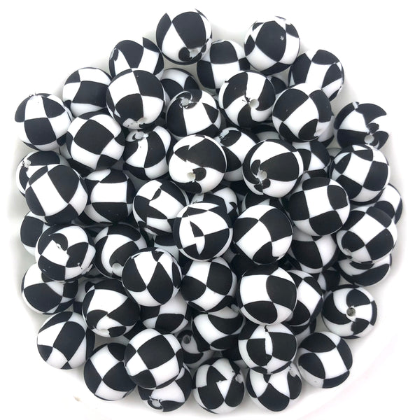 Black & White Checkered Print Silicone Beads--15mm – USA Silicone Bead ...
