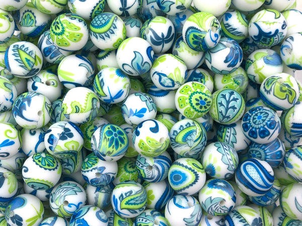 Green & Blue Print Silicone Beads--15mm – USA Silicone Bead Supply ...
