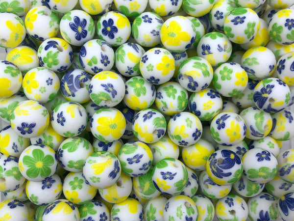 Blue, Yellow & Green Print Silicone Beads--15mm – USA Silicone Bead ...